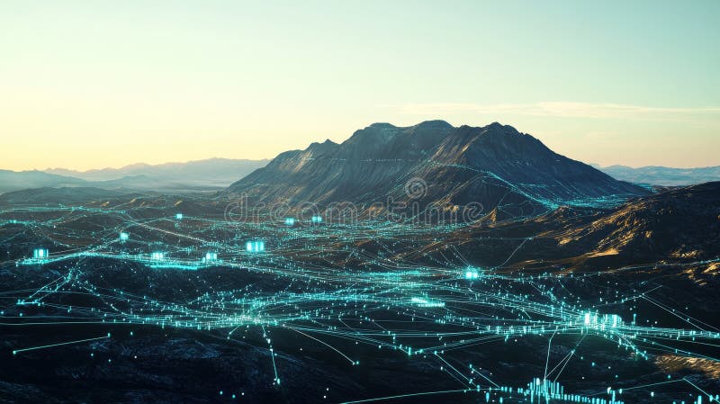 Futuristic Landscape with Majestic Mountains and Intricate Network of ...