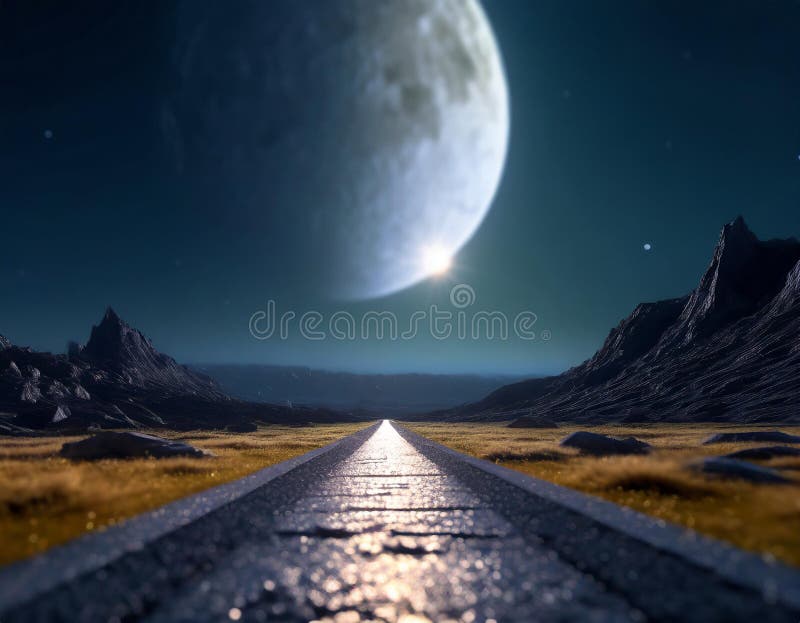 A Futuristic Landscape with a Road Leading To the Moon Stock ...