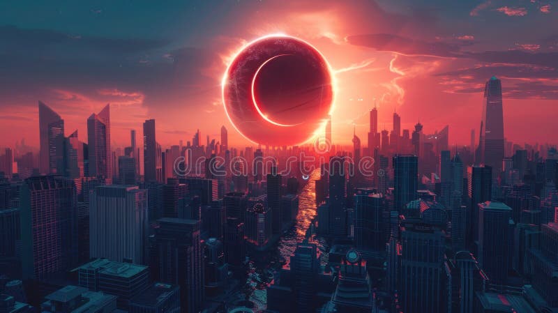 Futuristic Landscape of Solar Eclipse Over the City, Solar Eclipse 2024 ...