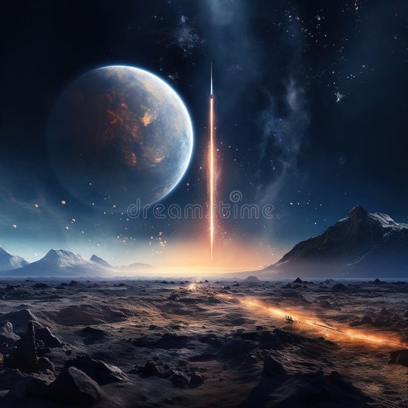 Futuristic Landscape with a Spaceship with Fire on it and Stars in ...