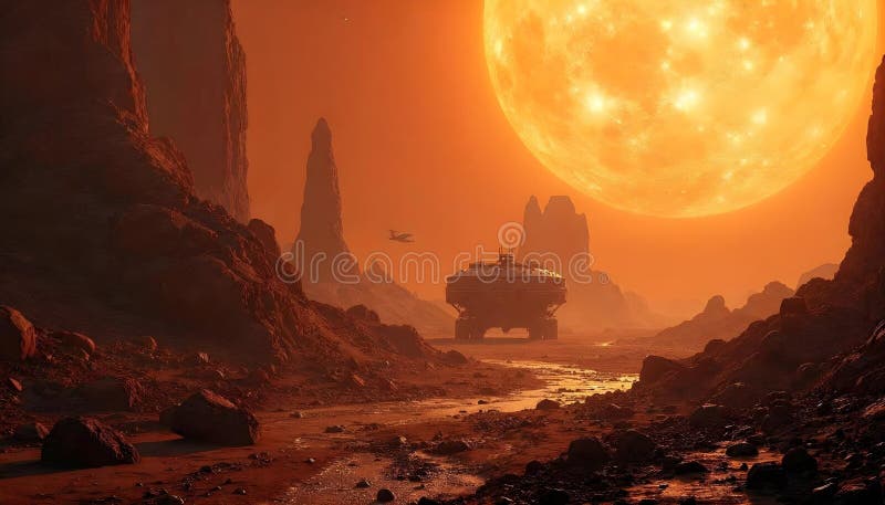 Futuristic Landscape with Spaceship and Setting Sun Stock Illustration ...