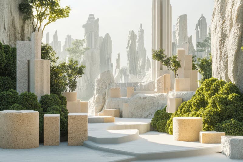 Futuristic Landscape with Stone Structures and Lush Greenery in Bright ...