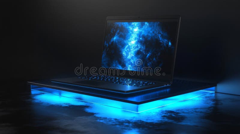 Futuristic Laptop with Blue Abstract Energy Display Stock Illustration ...