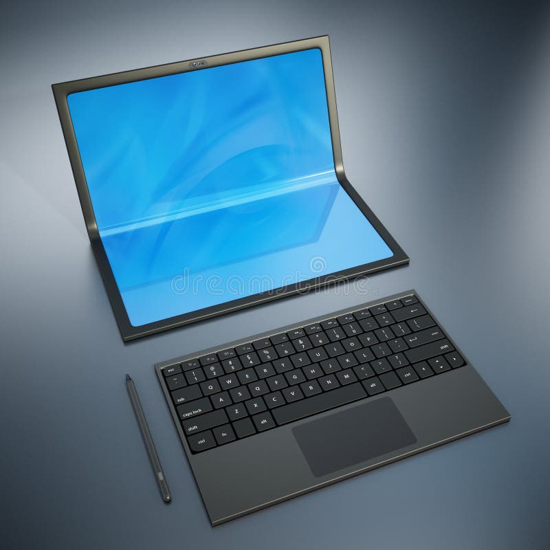 Futuristic Laptop Computer with Foldable Screen and Pen. 3D ...