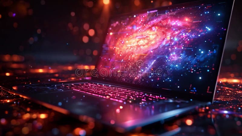 Futuristic Laptop with Cosmic Wallpaper on Display Stock Footage ...