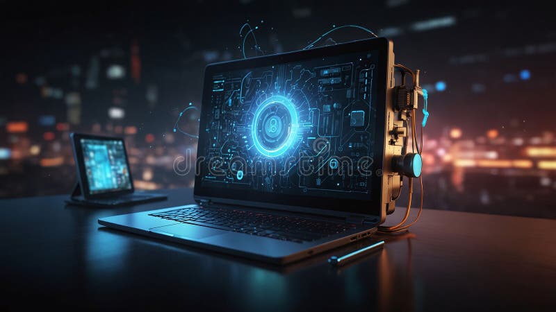 Futuristic Laptop with Digital Interface and Holographic Elements in ...