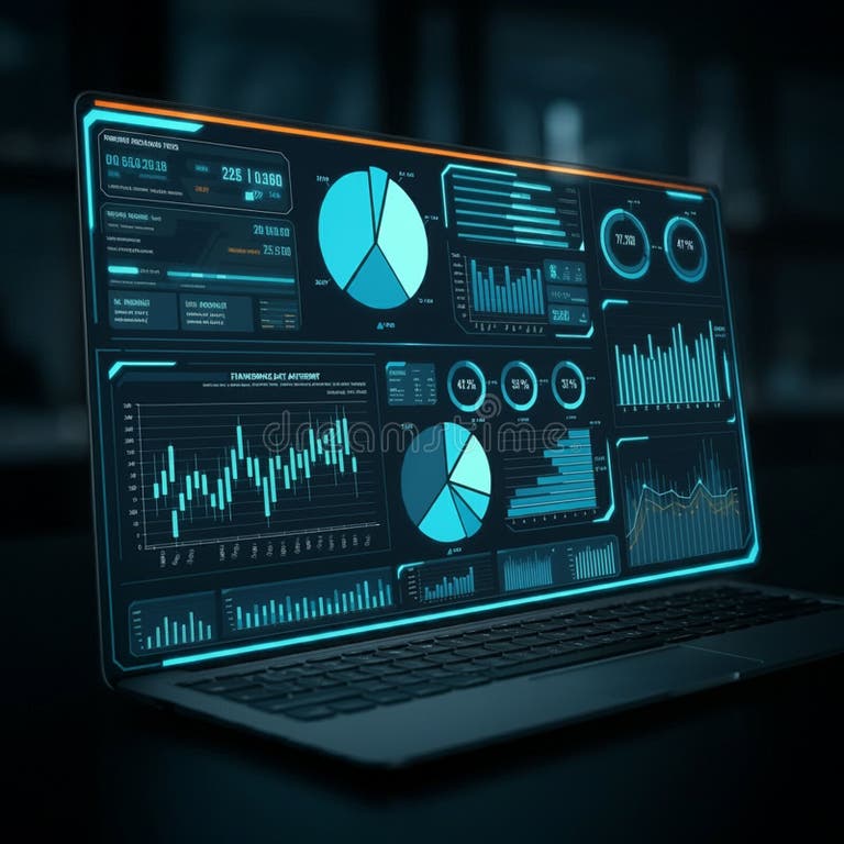 A Futuristic Laptop Display Featuring a Vibrant Interface with Multiple ...