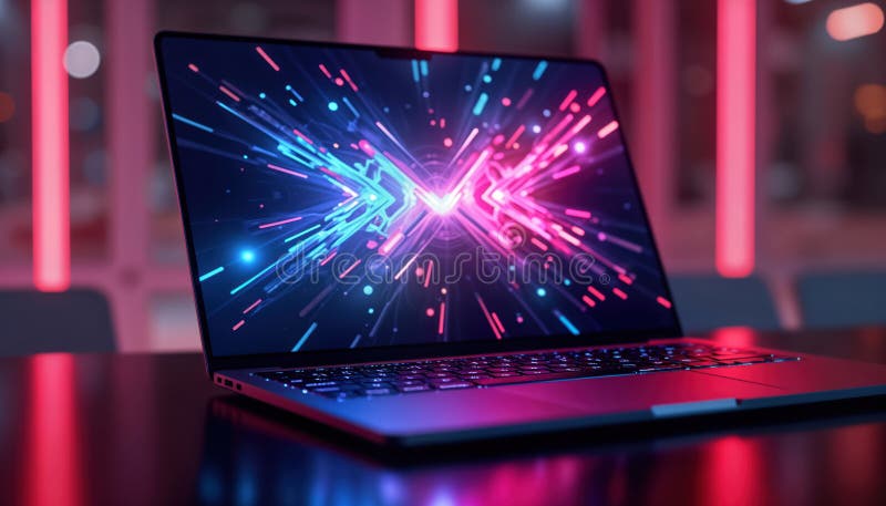 Futuristic Laptop Display Shows Vibrant Neon Tech Design. Glowing Lines ...