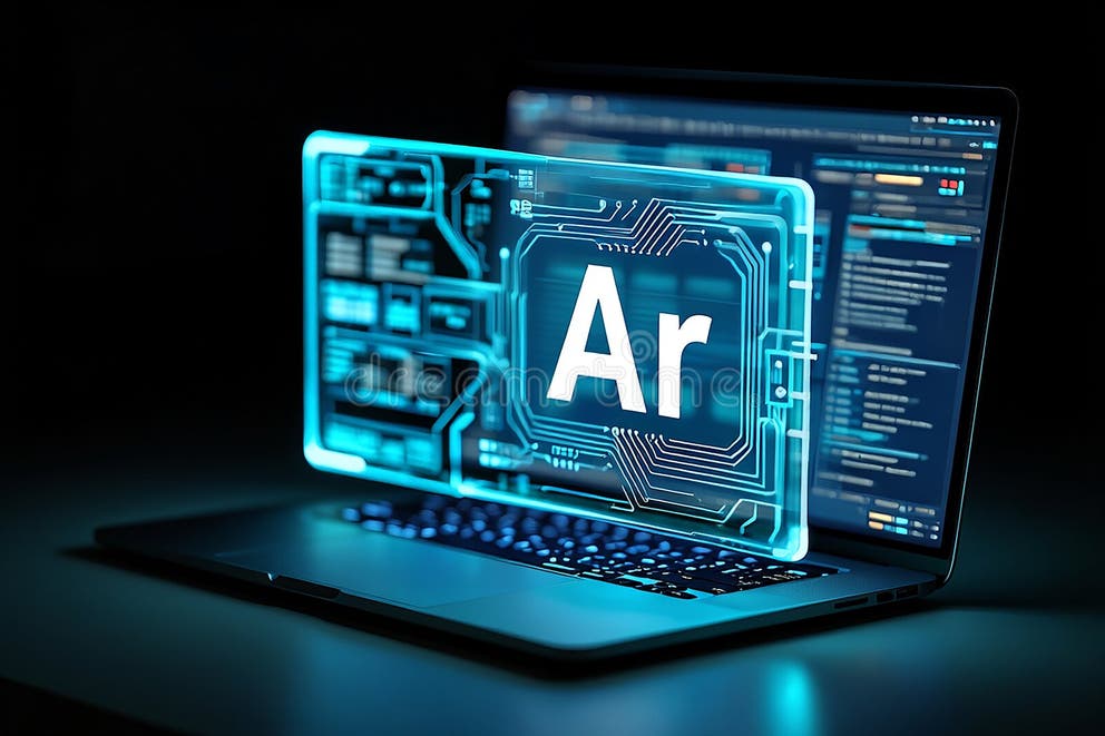Futuristic Laptop Displaying Ar Technology Interface with Circuit Board and Programming Code ...