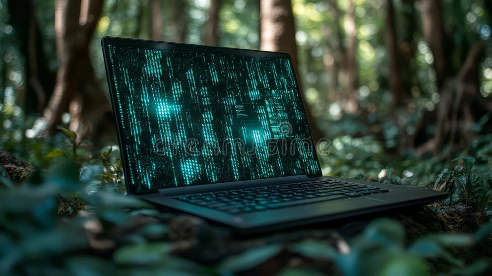 A Futuristic Laptop Displaying Code Amidst Lush Greenery in Nature ...