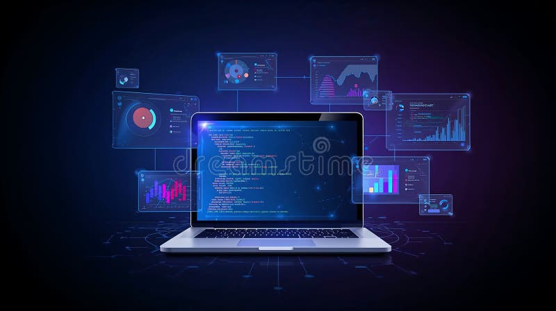 Futuristic Laptop Displaying Code Surrounded by Holographic Data Charts ...
