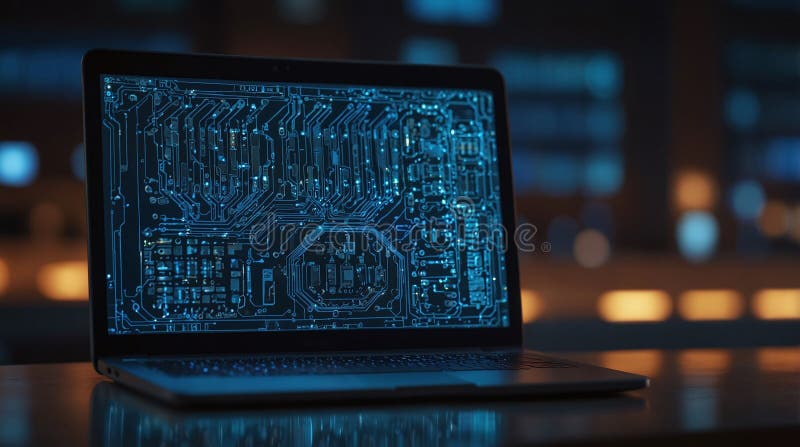 Futuristic Laptop Displaying Complex Digital Circuit Board Design in a ...