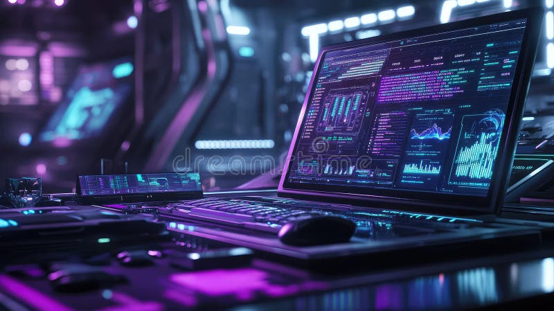 Futuristic Laptop Displaying Data and Coding in a Cyberpunk Environment ...