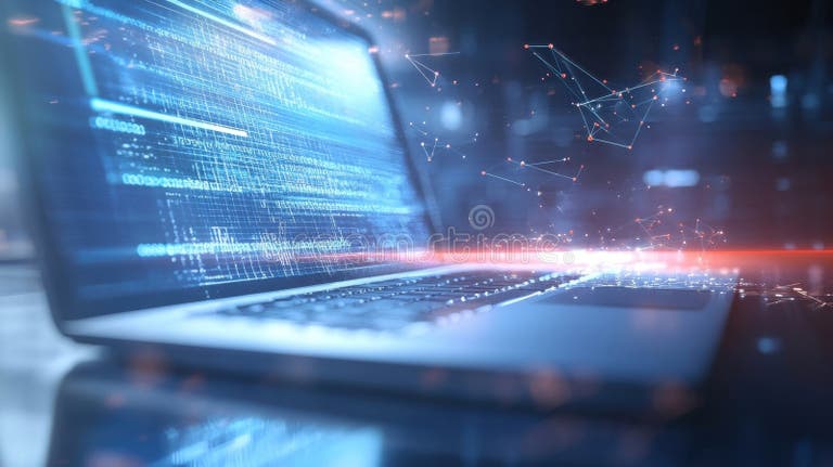 Futuristic Laptop Displaying Digital Code and Network Stock Photo ...