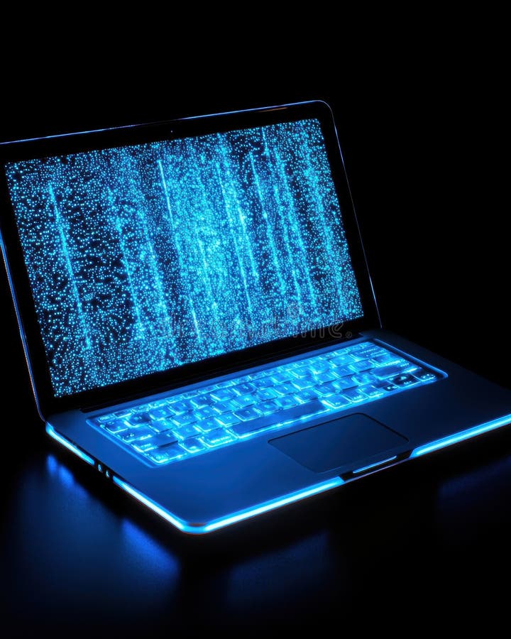 Futuristic Laptop Displaying Digital Data in Glowing Blue Light Stock ...