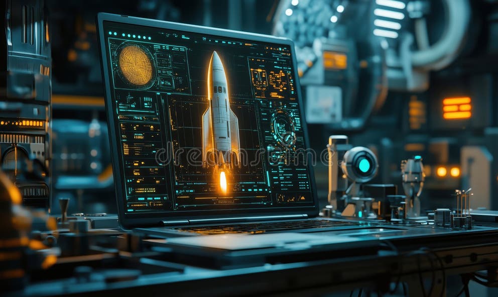 Futuristic Laptop Displaying Rocket Launch Simulation in High-tech ...
