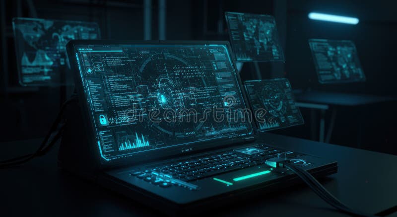 Futuristic Laptop Displays Cyber Security Data Stock Image - Image of ...