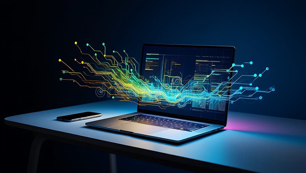 Futuristic Laptop Emitting Abstract Digital Data Streams Stock ...