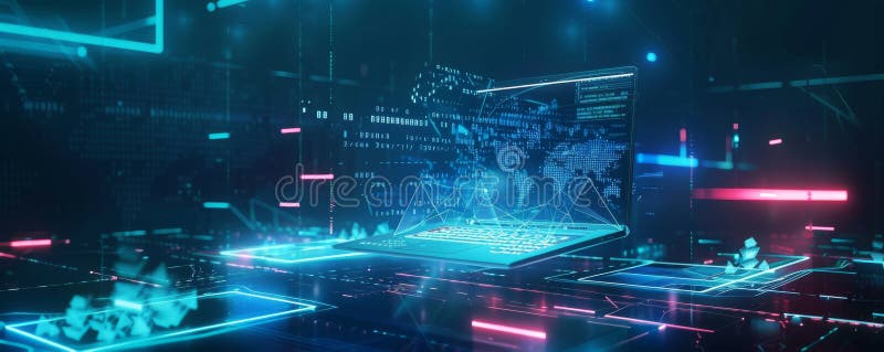 Futuristic Laptop Floating in a Digital Environment with Neon Lights ...