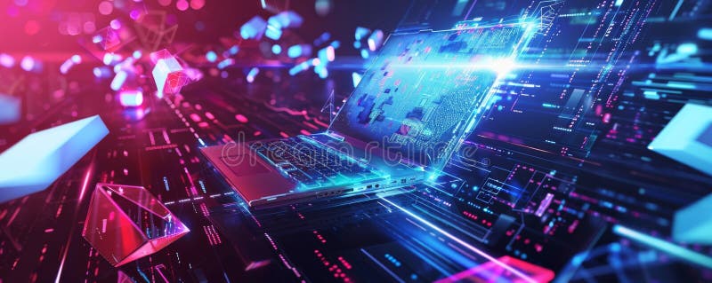 Futuristic Laptop Floating in a High-tech Environment with Digital ...
