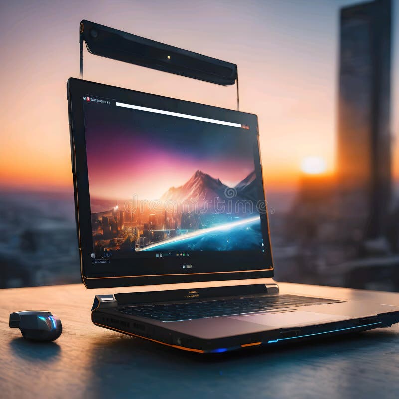 Futuristic Laptop with Digital Light Trails Stock Image - Image of ...