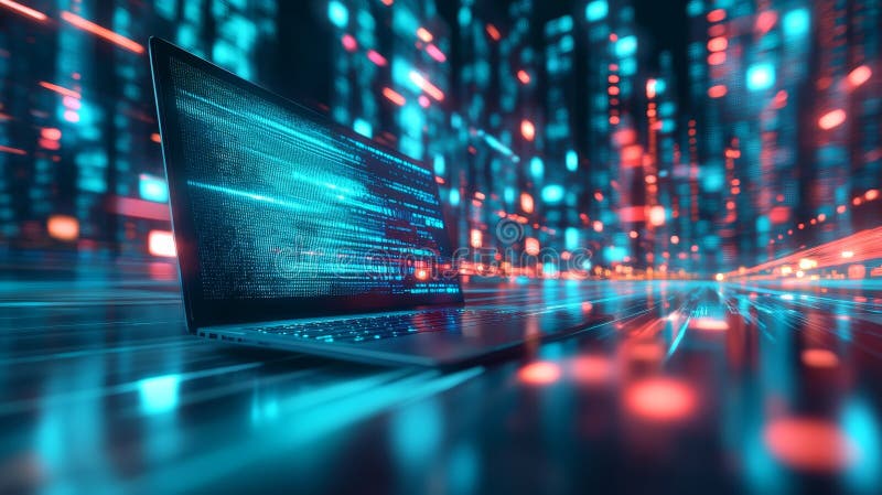 Futuristic Laptop with Glowing Code in Cyberpunk City, Technology and ...