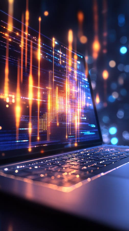 Futuristic Laptop with Glowing Data Graphics in Dark Room Stock ...