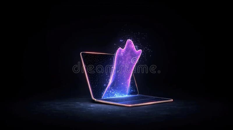 Futuristic Laptop with Glowing Hand Emerging from Screen Surrounded by ...