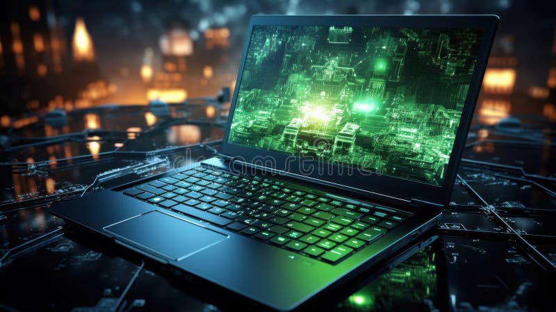 Futuristic Laptop with Green Screen Displaying Digital Data Stock ...