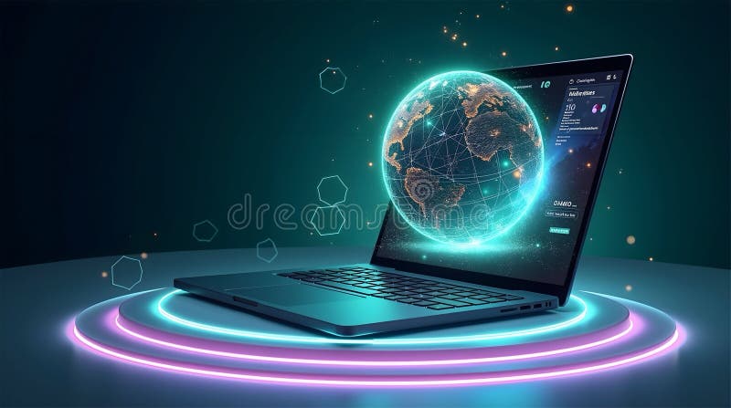 Futuristic Laptop with Holographic Interface and Digital Globe Stock ...