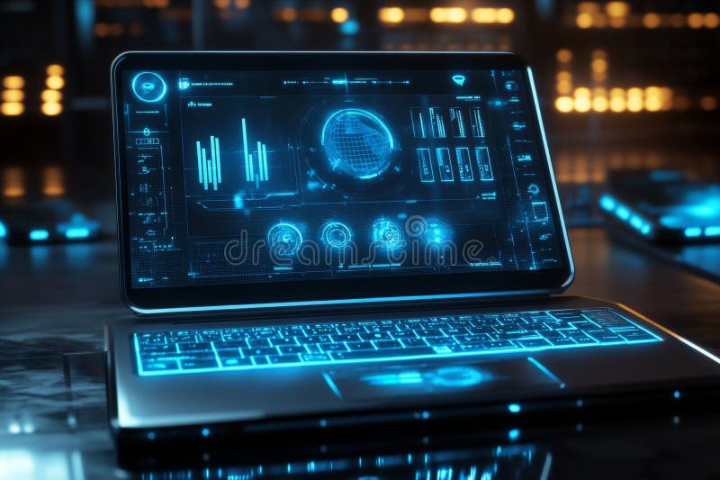 Futuristic Laptop with Illuminated Keyboard Showcasing Holographic ...