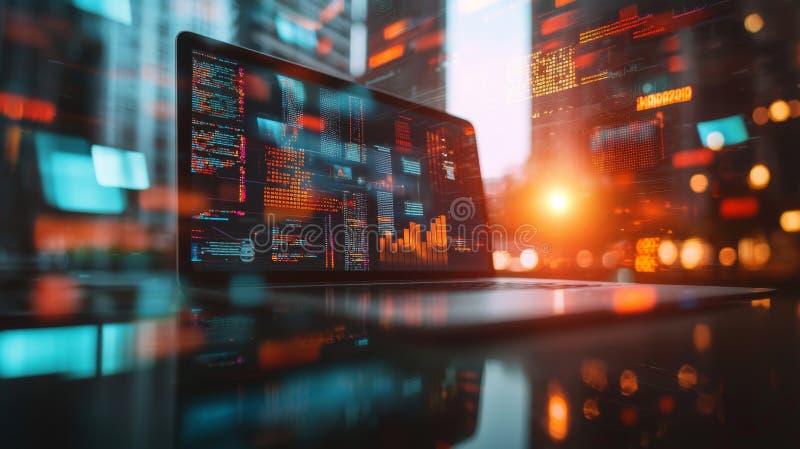 Futuristic Laptop Interface in a Digital Cityscape Stock Image - Image ...