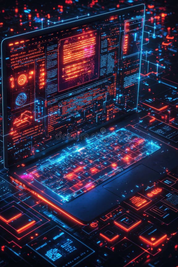 Futuristic Laptop with Neon Code Graphics and Digital Technology ...
