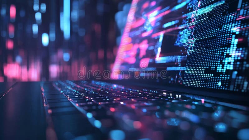 Futuristic Laptop with Neon Digital Interface Stock Image - Image of ...