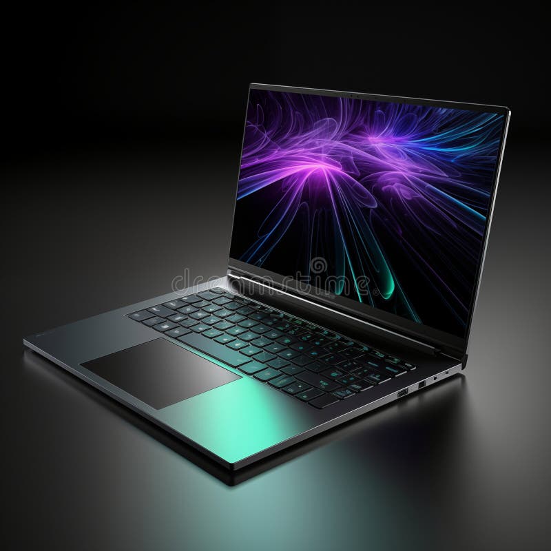 Futuristic Laptop with Neon Purple and Green Screen Display on Dark ...