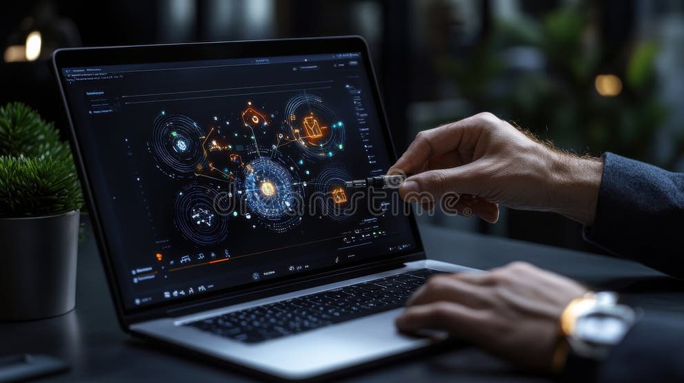 A Futuristic Laptop Screen Displaying a Complex Digital Network, with a ...