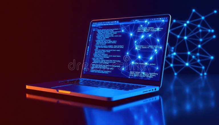 Futuristic Laptop Screen Displays Complex Code. Geometric Blue Design ...