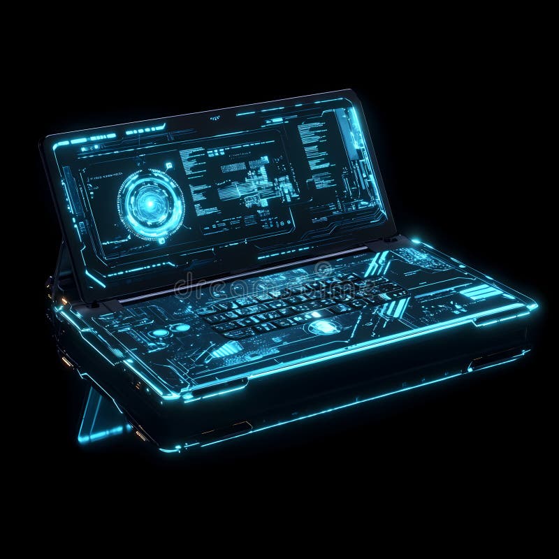 Futuristic Laptop Showing Hologram Data on Black Background Stock Photo ...