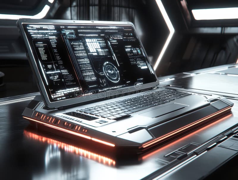 Futuristic Laptop on a Sleek Table with Neon Lights and High-Tech ...