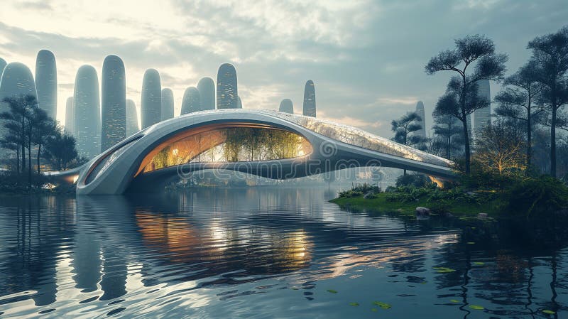 A Futuristic Large, Complex Bridge Over a River in a Metropolitan Area ...