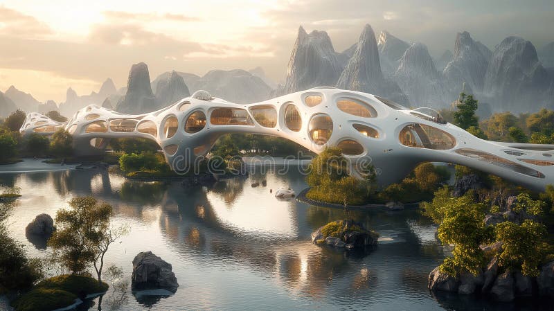 A Futuristic Large, Complex Bridge Over a River in a Metropolitan Area ...