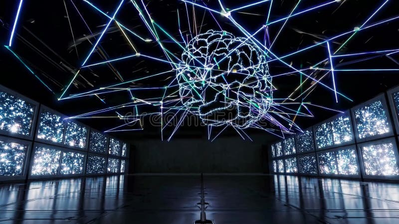 Futuristic Laser Lab Showing Rotating Brain and Neural Network Stock ...