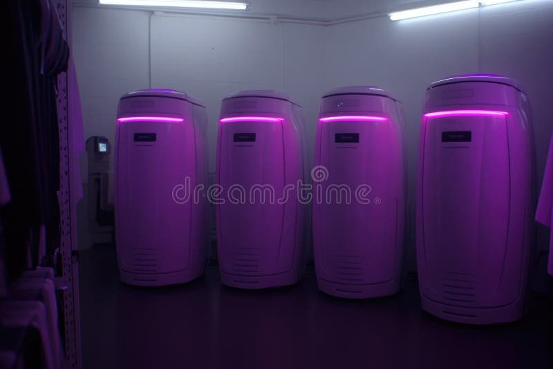 Futuristic Laundry Machines with Neon Purple Lighting in a Modern ...