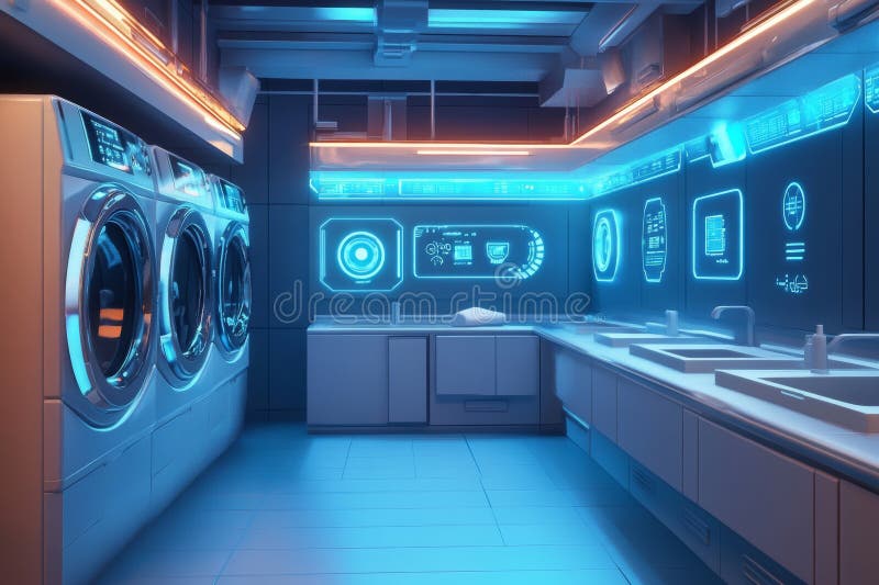 Futuristic Laundry Room Featuring High Tech Washing Machine and Holographic User Interfaces ...
