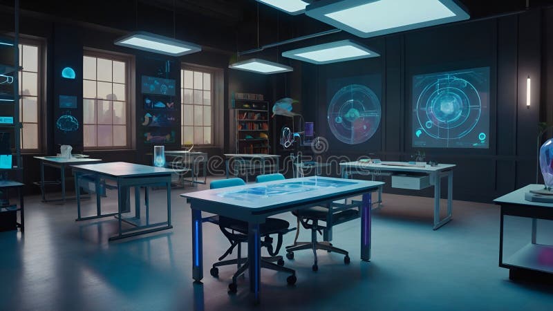 Futuristic Learning Hub with Holographic Lessons Above Modern Desks ...