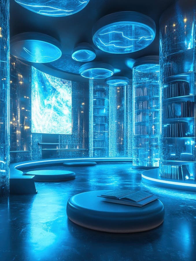 Futuristic Learning Space Featuring Holographic Screens and Floating ...
