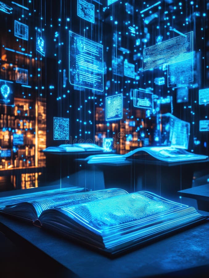 Futuristic Learning Space with Holographic Screens and Floating Books ...