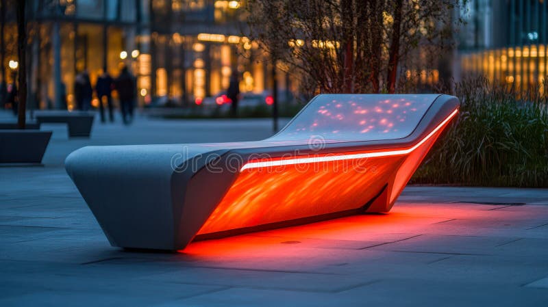 Futuristic Led Bench Glowing Red in a Modern Urban City Nightscape ...