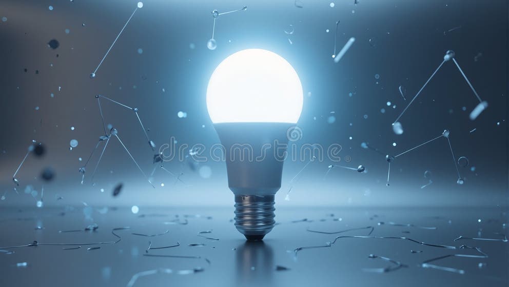 Futuristic LED Light Bulb Casting a Blue Glow on a Sleek Metallic ...