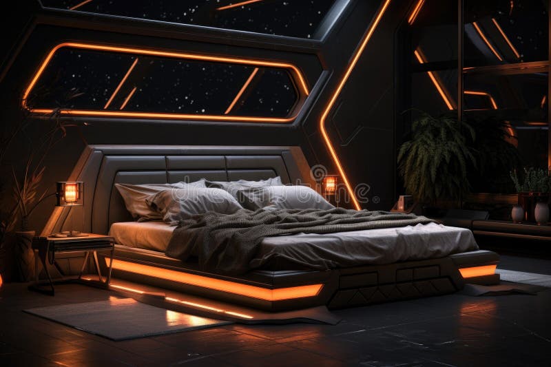 A Futuristic Led-lit Bed in a Dark Bedroom Stock Photo - Image of ...